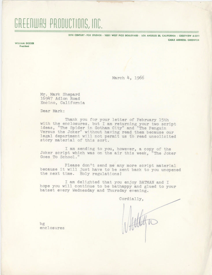 William Dozier (Producer and Narrator of TV's Batman) Typed Letter wit ...