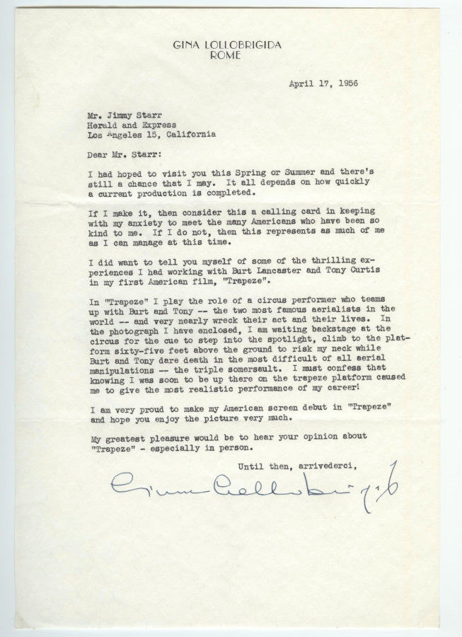 Gina Lollobrigida Typed Letter Signed to Hollywood Columnist Jimmy Sta ...